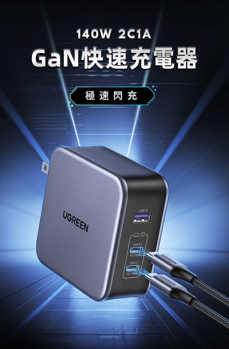 綠聯 140W 2C1A 氮化鎵快速充電器 - PChome 24h購物